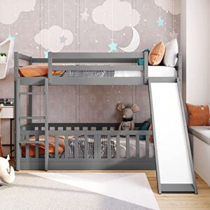 Twin Over Twin Low Bunk Bed for Kids, Ladder and Slide Can Be Interchanged or Remove, Solid Wood Bunk Bed Can Be Converted into Loft Bed (Gray + Fence Can Be Deleted)