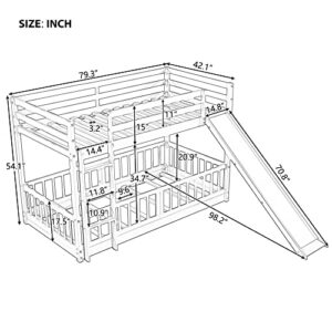 Twin Over Twin Low Bunk Bed for Kids, Ladder and Slide Can Be Interchanged or Remove, Solid Wood Bunk Bed Can Be Converted into Loft Bed (Gray + Fence Can Be Deleted)