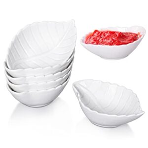 dizada 6 pack ceramic dip bowls leaf shape,white porcelain dipping soy sauce dish condiments small bowls perfect for bbq sauce,tomato sauce,honey mustard and soy sauce (b)