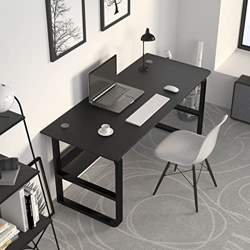 MASAKA B&W 55" Computer Desk for Work, Study Desk for Home Office in Your Bedroom, Simple Desks for Writing with Home Study Work, Rustic Black Table 55” with Laptop Station Desktop