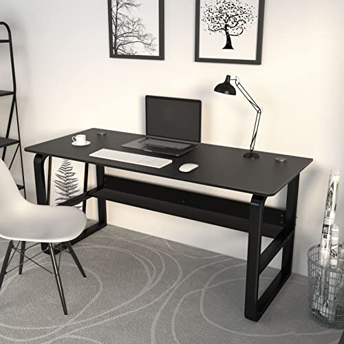 MASAKA B&W 55" Computer Desk for Work, Study Desk for Home Office in Your Bedroom, Simple Desks for Writing with Home Study Work, Rustic Black Table 55” with Laptop Station Desktop