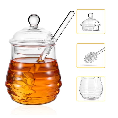 Honey jars ,Honey Jar，with Dipper and Lid Glass Honey Bee Pot, , Clear，15.2oz Glass Beehive Honey Pot for Home Kitchen glass honey pot