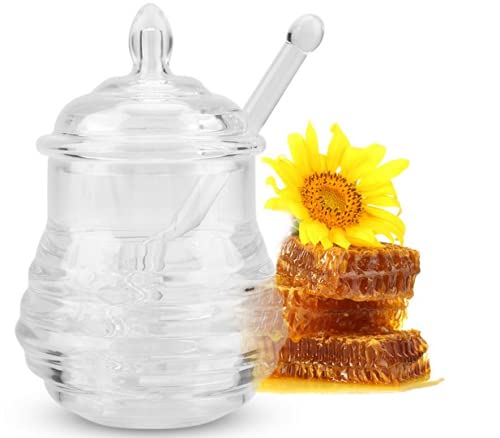 Honey jars ,Honey Jar，with Dipper and Lid Glass Honey Bee Pot, , Clear，15.2oz Glass Beehive Honey Pot for Home Kitchen glass honey pot