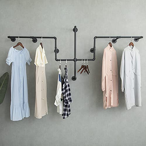 CIVANA Industrial Pipe Clothing Rack, Wall Mounted Garment Hanging Bar, Iron Commercial Clothes Hanger, Garment Display Rack for Retail, Boutiques, 86.6in, Black