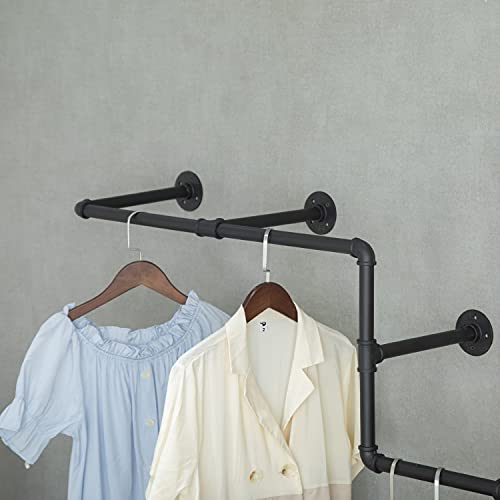 CIVANA Industrial Pipe Clothing Rack, Wall Mounted Garment Hanging Bar, Iron Commercial Clothes Hanger, Garment Display Rack for Retail, Boutiques, 86.6in, Black