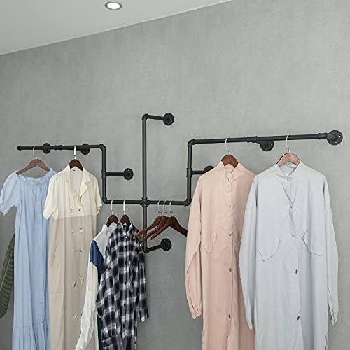 CIVANA Industrial Pipe Clothing Rack, Wall Mounted Garment Hanging Bar, Iron Commercial Clothes Hanger, Garment Display Rack for Retail, Boutiques, 86.6in, Black