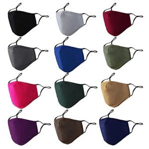 12 pack washable cloth face mask reusable with adjustable ear straps & nose wire comfortable breathable cotton face masks,3 ply adult safety mask for women men