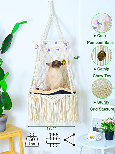 KARCEEY Hanging Cat Hammock Bed,9 Pcs Macrame Cat Swing Bed,Macrame Hanging Cat Bed, with 2 Catnip Mat Bed