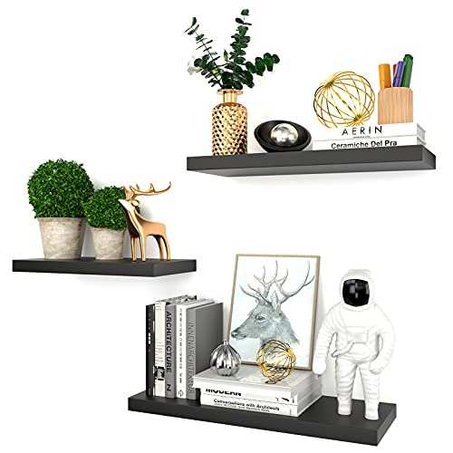 EEFOW Black Floating Shelves Wall Mounted - 3 Sets Decor Display Ledge Shelf Wood Modern with Invisible Brackets for Living Room Bedroom Bathroom Kitchen Storage Home Plant Photo Frames Decoration