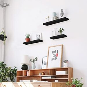 EEFOW Black Floating Shelves Wall Mounted - 3 Sets Decor Display Ledge Shelf Wood Modern with Invisible Brackets for Living Room Bedroom Bathroom Kitchen Storage Home Plant Photo Frames Decoration