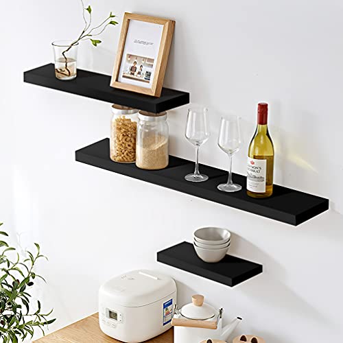 EEFOW Black Floating Shelves Wall Mounted - 3 Sets Decor Display Ledge Shelf Wood Modern with Invisible Brackets for Living Room Bedroom Bathroom Kitchen Storage Home Plant Photo Frames Decoration