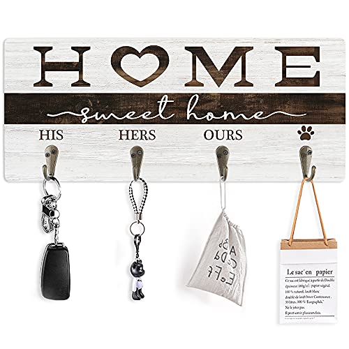 CHDITB Rustic Home Sweet Home Wooden Key Holder(13.4”x5.5”), His Hers Ours Wall-Mounted Key Rack with 4 Hooks, Decorative Wood Sign Key Hanger Home Decor for Wall Entryway Hallway Housewarming Gift