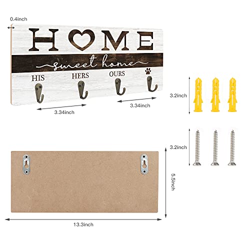 CHDITB Rustic Home Sweet Home Wooden Key Holder(13.4”x5.5”), His Hers Ours Wall-Mounted Key Rack with 4 Hooks, Decorative Wood Sign Key Hanger Home Decor for Wall Entryway Hallway Housewarming Gift