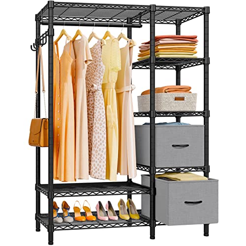 VIPEK V7 Wire Garment Rack 6 Tiers Heavy Duty Clothes Rack with 2 Fabric Drawers, Freestanding Wardrobe Closet Metal Clothing Rack for Hanging Clothes, 44.9"L x 16.5"W x 70.9"H, Max Load 562LBS, Black