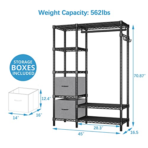 VIPEK V7 Wire Garment Rack 6 Tiers Heavy Duty Clothes Rack with 2 Fabric Drawers, Freestanding Wardrobe Closet Metal Clothing Rack for Hanging Clothes, 44.9"L x 16.5"W x 70.9"H, Max Load 562LBS, Black