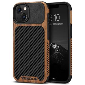 tendlin compatible with iphone 13 case wood grain with carbon fiber texture design leather hybrid case compatible for iphone 13 6.1-inch released in 2021 black