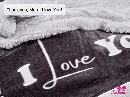 Anekha Mom Blanket – Double Layer Sherpa Fleece – Soft Fluffy Throw, Quality Print – 'Thank You Mom, I Love You' – from Daughter, Son – Gift for Birthday, Mother's Day, Christmas, etc. (Smoky Grey)