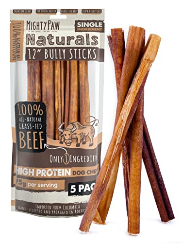 Mighty Paw Naturals Bully Sticks | All-Natural Protein-Rich Dog Chews from Grass-Fed Beef. Single-Ingredient Pet Treat for Dental Health. Keeps Chewers Busy