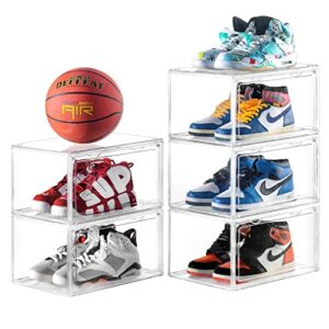 clemate acrylic shoe box,set of 5,extra large shoe storage boxes clear plastic stackable,shoe containers with clear door,shoe organizer for sneaker display,easy assembly,fit for us size 16(14.2"x 11"x 8.3")