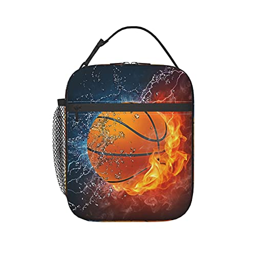 Fire and Water Basketball Lunch Bag Insulated Lunch Box Cooler Tote with Shoulder Strap for Boys Girls Women Men