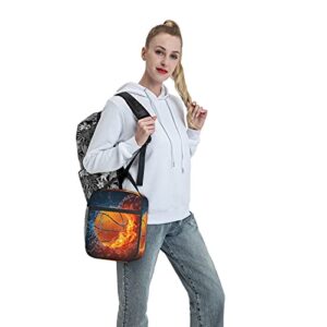 Fire and Water Basketball Lunch Bag Insulated Lunch Box Cooler Tote with Shoulder Strap for Boys Girls Women Men