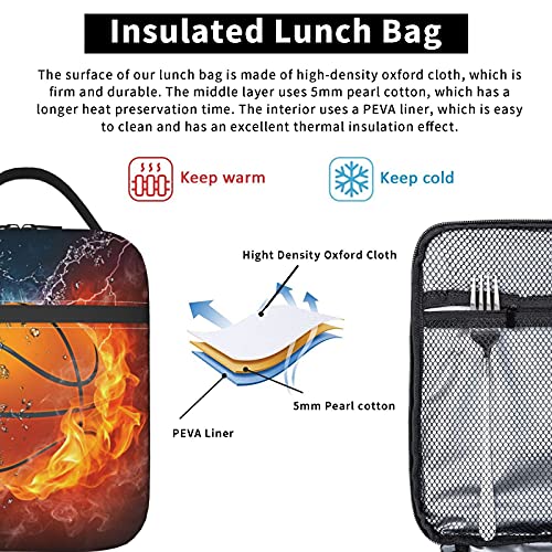 Fire and Water Basketball Lunch Bag Insulated Lunch Box Cooler Tote with Shoulder Strap for Boys Girls Women Men