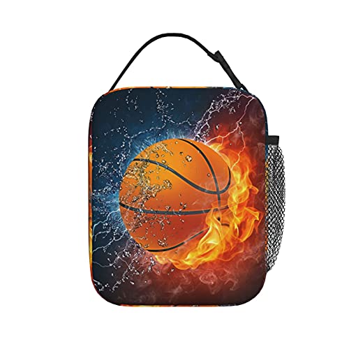 Fire and Water Basketball Lunch Bag Insulated Lunch Box Cooler Tote with Shoulder Strap for Boys Girls Women Men