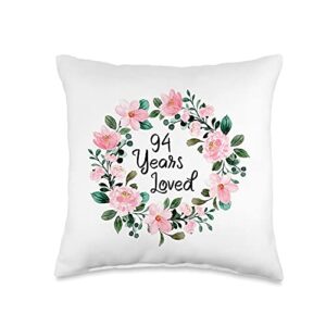 mom grandma 94th birthday gift apparel loved men women 94 years old floral 94th birthday throw pillow, 16x16, multicolor