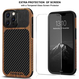 TENDLIN Compatible with iPhone 13 Pro Max Case Wood Grain with Carbon Fiber Texture Design Leather Hybrid Case Compatible for iPhone 13 Pro Max 6.7-inch Released in 2021 Black