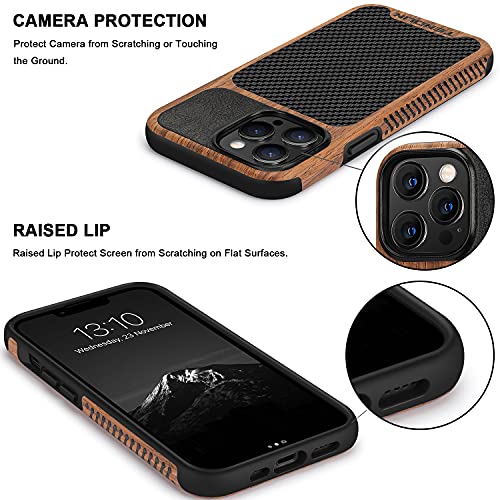 TENDLIN Compatible with iPhone 13 Pro Max Case Wood Grain with Carbon Fiber Texture Design Leather Hybrid Case Compatible for iPhone 13 Pro Max 6.7-inch Released in 2021 Black