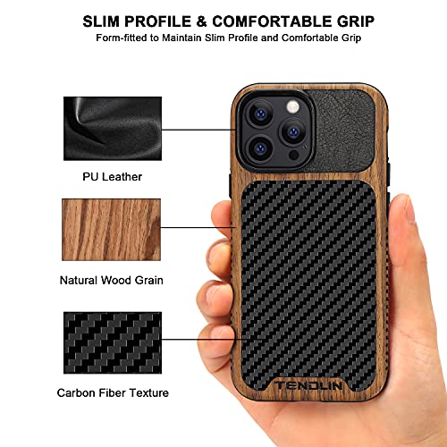 TENDLIN Compatible with iPhone 13 Pro Max Case Wood Grain with Carbon Fiber Texture Design Leather Hybrid Case Compatible for iPhone 13 Pro Max 6.7-inch Released in 2021 Black