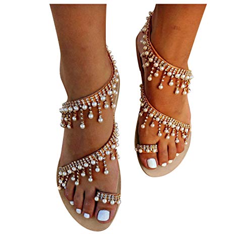 Sandals for Women Casual Summer Crystal Pearl Open Toe Sandals Shoes Bohemian Outdoor Slippers Sandals Cross Strappy Flat Beach Sandals Brown