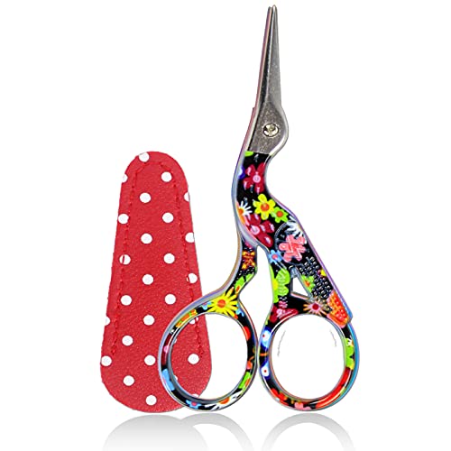 Hisuper Embroidery Scissors with Leather Scissors Cover Stainless Steel Sharp Stork Crane Scissors for Sewing Crafting Art Work Threading Needlework and DIY Tools Dressmaker Small Shears