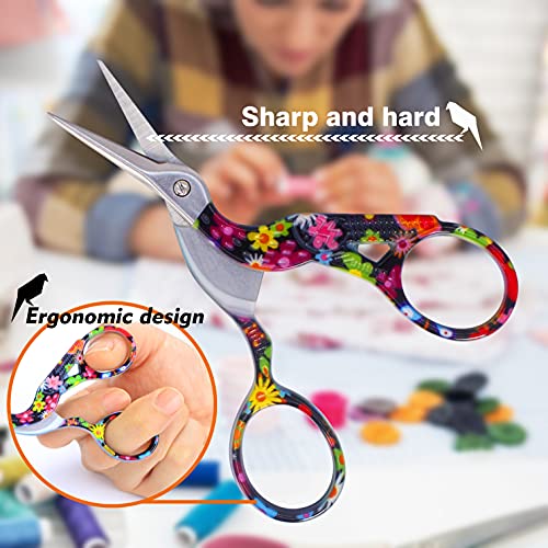 Hisuper Embroidery Scissors with Leather Scissors Cover Stainless Steel Sharp Stork Crane Scissors for Sewing Crafting Art Work Threading Needlework and DIY Tools Dressmaker Small Shears