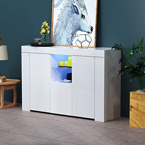 Goujxcy White Sideboard Buffet Storage Cabinet Cupboard with LED Lighting, High Gloss Console Tables Display Cabinet TV Stand for Kitchen Living Dining Room Hallway