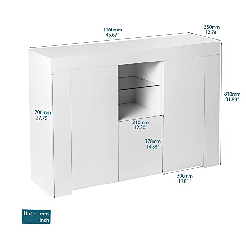 Goujxcy White Sideboard Buffet Storage Cabinet Cupboard with LED Lighting, High Gloss Console Tables Display Cabinet TV Stand for Kitchen Living Dining Room Hallway