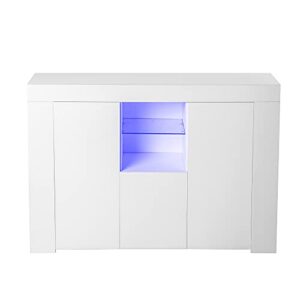 Goujxcy White Sideboard Buffet Storage Cabinet Cupboard with LED Lighting, High Gloss Console Tables Display Cabinet TV Stand for Kitchen Living Dining Room Hallway