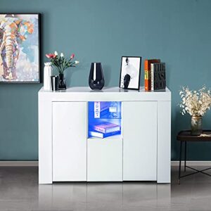 Goujxcy White Sideboard Buffet Storage Cabinet Cupboard with LED Lighting, High Gloss Console Tables Display Cabinet TV Stand for Kitchen Living Dining Room Hallway