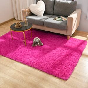 Rtizon Super Soft Fluffy Bedroom Rug, 5.3x7.6 Feet Shag Rug with Non-Slip Bottom for Bedside Living Room Dorm Nursery, Fuzzy Furry Shaggy Area Rug for Indoor Kids Baby Home Decor, Hot Pink