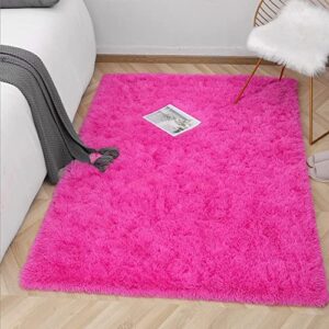 Rtizon Super Soft Fluffy Bedroom Rug, 5.3x7.6 Feet Shag Rug with Non-Slip Bottom for Bedside Living Room Dorm Nursery, Fuzzy Furry Shaggy Area Rug for Indoor Kids Baby Home Decor, Hot Pink