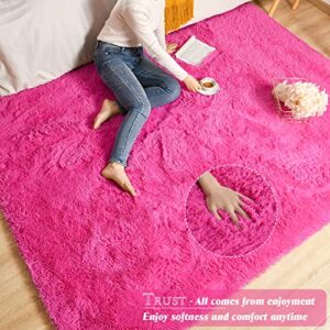 Rtizon Super Soft Fluffy Bedroom Rug, 5.3x7.6 Feet Shag Rug with Non-Slip Bottom for Bedside Living Room Dorm Nursery, Fuzzy Furry Shaggy Area Rug for Indoor Kids Baby Home Decor, Hot Pink