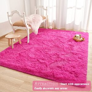 Rtizon Super Soft Fluffy Bedroom Rug, 5.3x7.6 Feet Shag Rug with Non-Slip Bottom for Bedside Living Room Dorm Nursery, Fuzzy Furry Shaggy Area Rug for Indoor Kids Baby Home Decor, Hot Pink