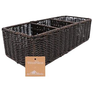 myhomebody wicker basket with 3 compartments | woven baskets for organizing | storage basket, toilet tank basket | bathroom counter organizer, bedroom organization | rustic brown, 1pc