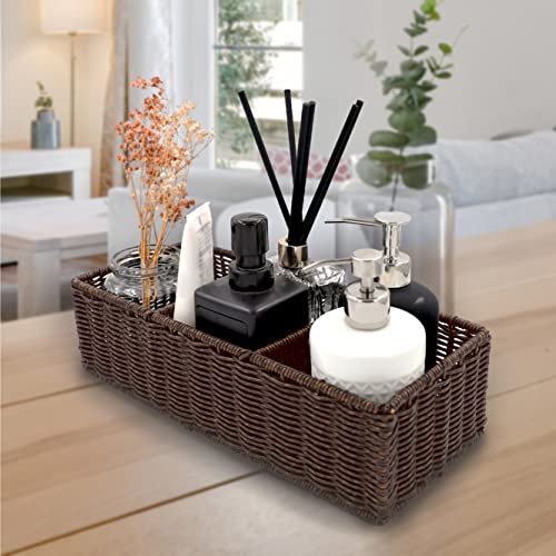 myHomeBody Wicker Basket With 3 Compartments | Woven Baskets for Organizing | Storage Basket, Toilet Tank Basket | Bathroom Counter Organizer, Bedroom Organization | Rustic Brown, 1pc