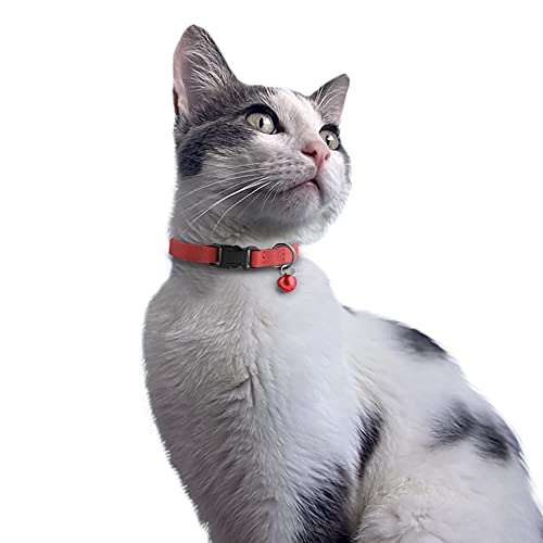 Murom Breakaway Cat Collar Leather Soft Adjustable Pet Kitten Collars with Bell Pink Brown Blue Green Red (Green)