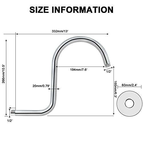 NearMoon High Rise S Shape Shower Extension Arm, Shower Head Extender Shower Arm with Flange, Standard 1/2" Connection- Bathroom Accessory, 13 Inch (Chrome Finish)