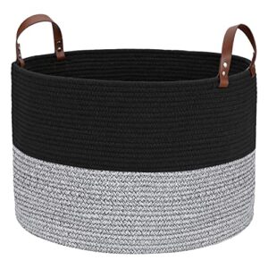 Hombins Large Cotton Rope Basket Woven Storage Basket - Decorative Storage Basket with Handles Collapsible Laundry Hamper for Throws, Pillows, Blanket, Black&Grey, 20"x20"x13"