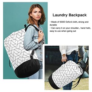 Geometric Pattern Backpack Laundry Bag for College Dorm, Laundry Backpack Waterproof Durable with Shoulder Straps, Nylon Laundry Hamper Bag for Travel Laundromat Apartment