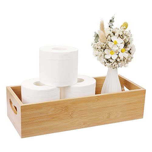 Toilet Paper Storage - Bamboo Bathroom Tray with Handles - Wooden Basket for Toilet Tank Top and Counter, or Rustic Home Decor Box for Vanity