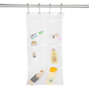 hanging mesh shower organizer, mesh shower caddy curtains organizer bathroom toiletry wall door hanger organizer kids bath toy organizer with 6 pockets, 4 rings